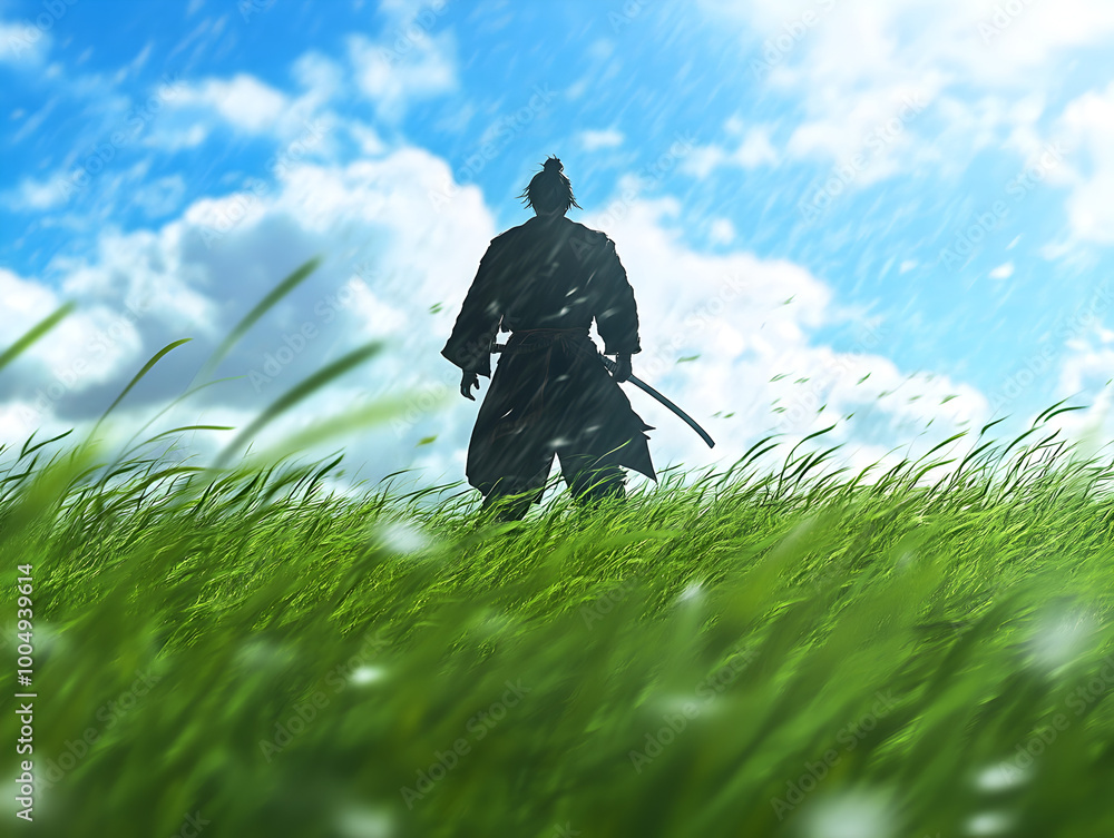 A legendary samurai, standing in a field of tall grass with his katana ...