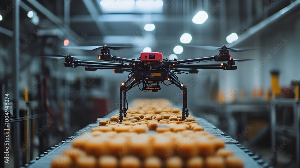 Autonomous drones with precision sensors navigating a food factory ...