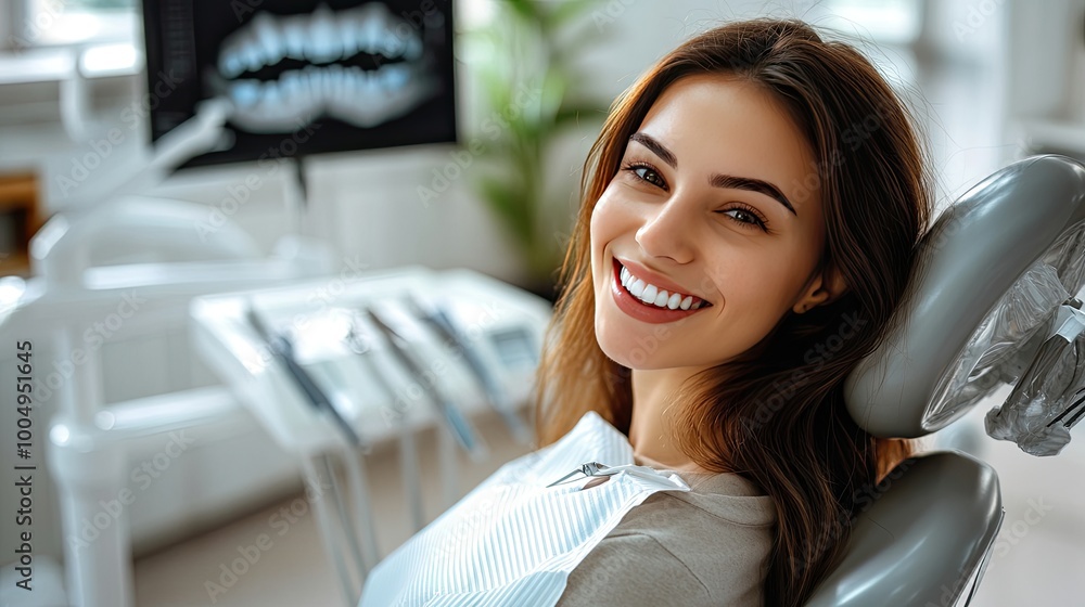 Woman smiles in dental chair. The photo shows a woman smiling happily ...