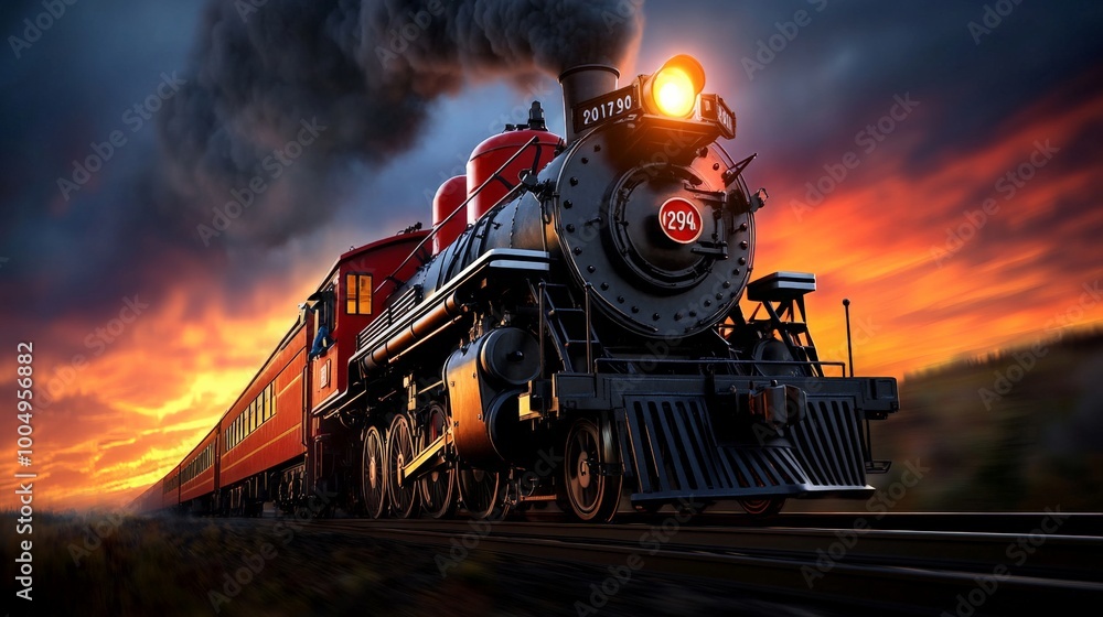 Steam Locomotive at Sunset: A powerful steam locomotive chugs forward ...
