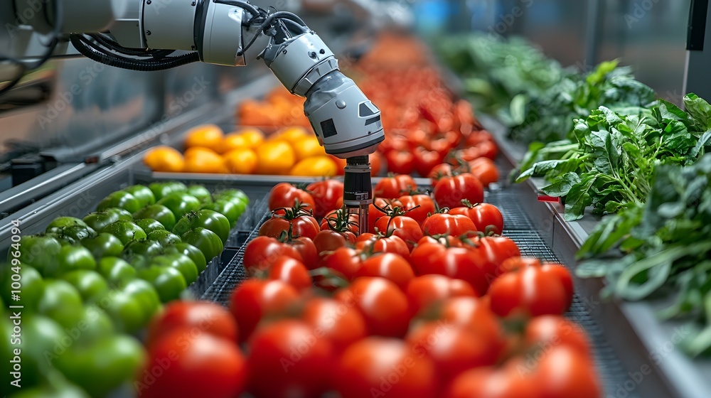 Futuristic robotic systems inspecting fresh produce, performing ...