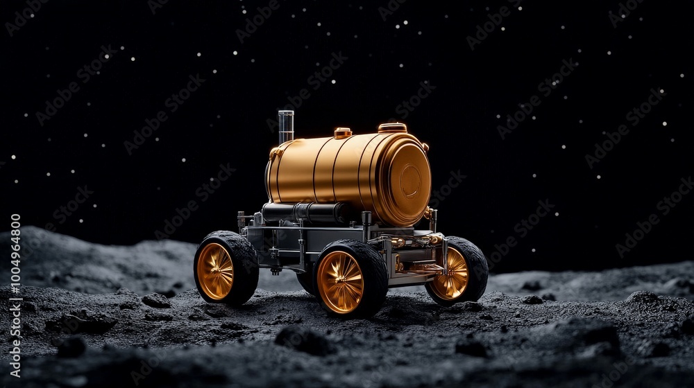 Lunar Rover: A golden, futuristic rover traverses the desolate, moon ...
