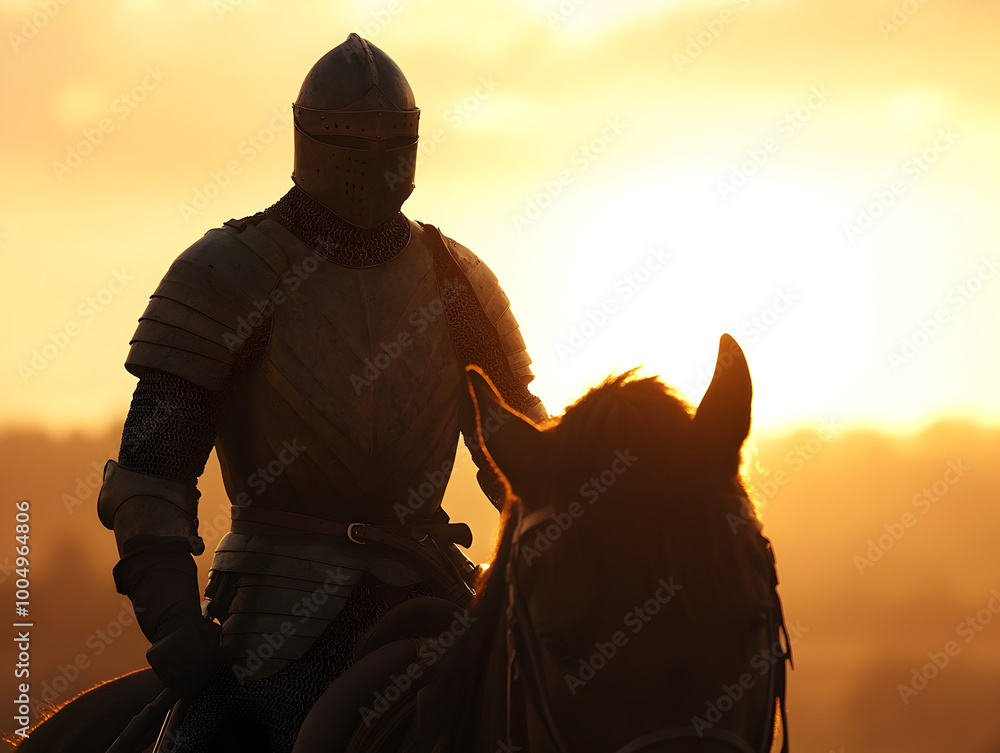 Poster A determined medieval knight, clad in armor and standing beside ...