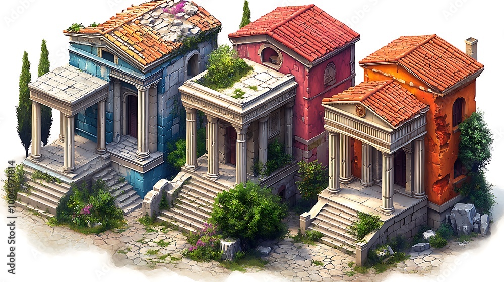 Set of 3D models of Ancient Roman Buildings, Temple, House, Ruins Stock ...