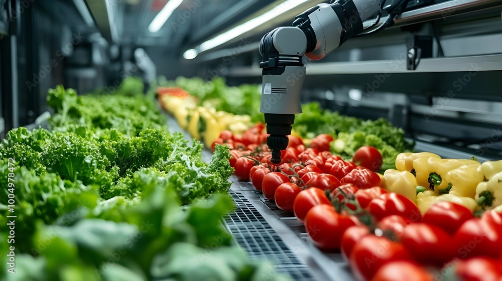 Futuristic robotic systems inspecting fresh produce, performing ...