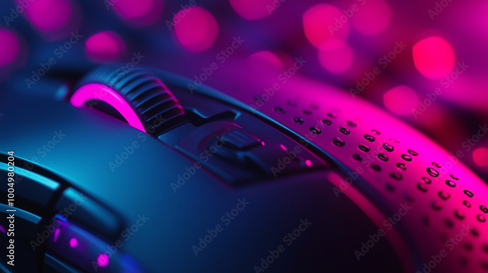 Extreme closeup of a modern gaming mouse wheel and buttons at night ...
