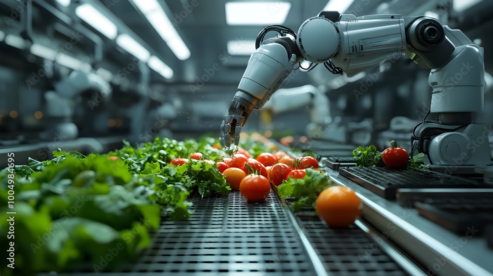 Autonomous robots in sterile food factory, advanced AI monitoring each ...
