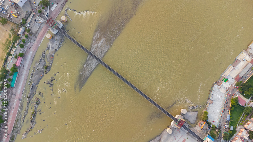 Aerial view of Janki setu bridge across the river ganga, city of ...