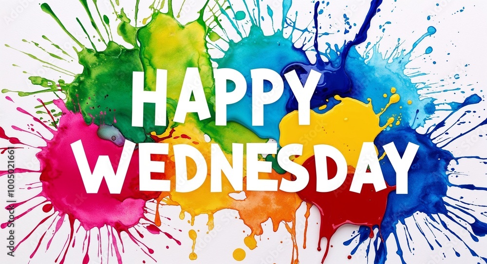 happy Wednesday word lettering on colorful paint watercolor splash on ...