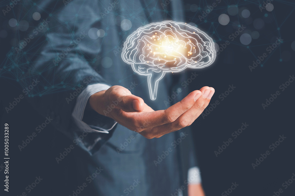 Brain inside the hands of the businessman. Human head and brain.Deep ...