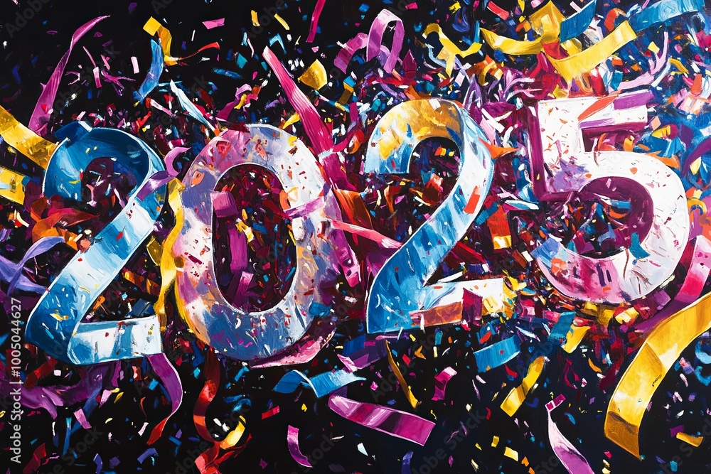 Vibrant celebration of the New Year 2025 with confetti and colorful ...