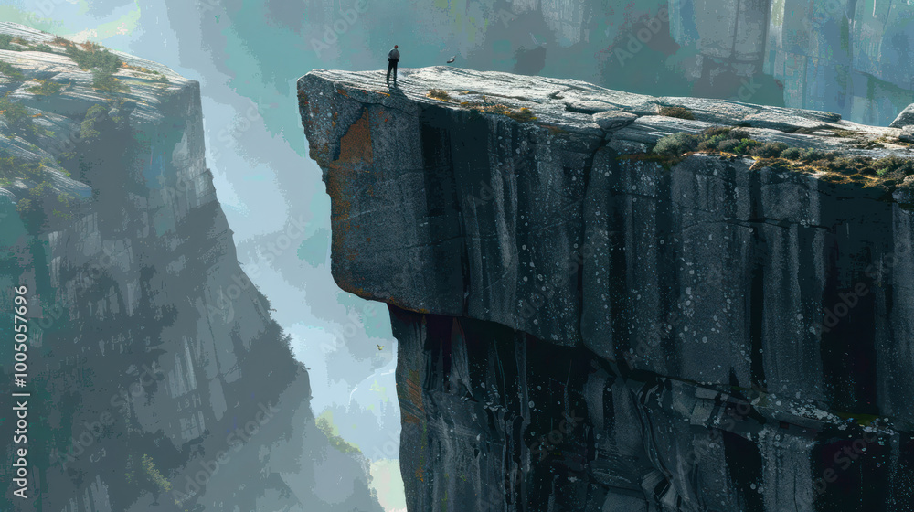 A visual of a person standing on the edge of a tall cliff, looking down ...