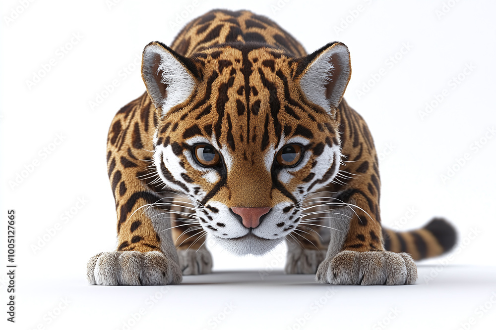 Cute Ocelot: An ocelot crouched low in a stalking pose against a white ...