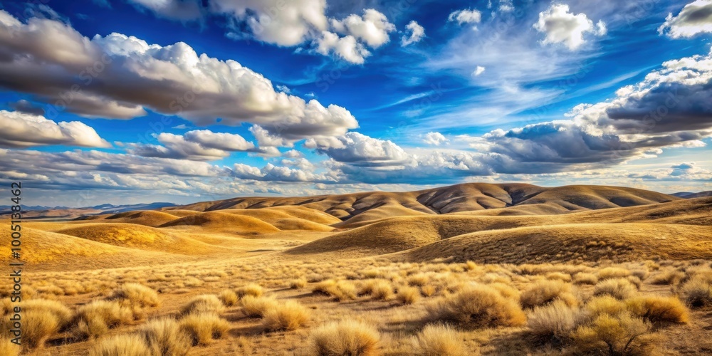 Rolling hills with desert brush covered in drought-parched grass under ...