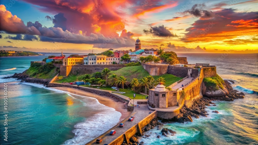 Vibrant colorful sunset over Old San Juan's historic El Morro fort and ...