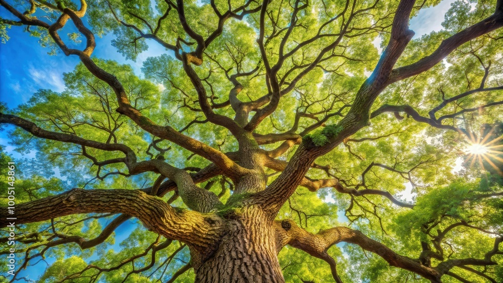 Big tree branches of quercus robur seen from below, tree, branches ...