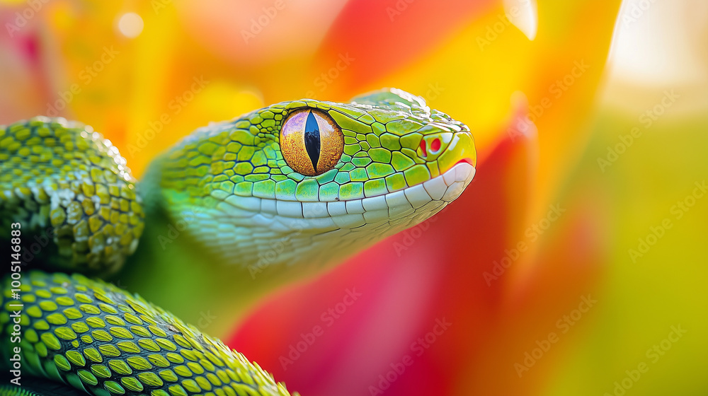 A bright green snake with vivid orange and yellow background ...