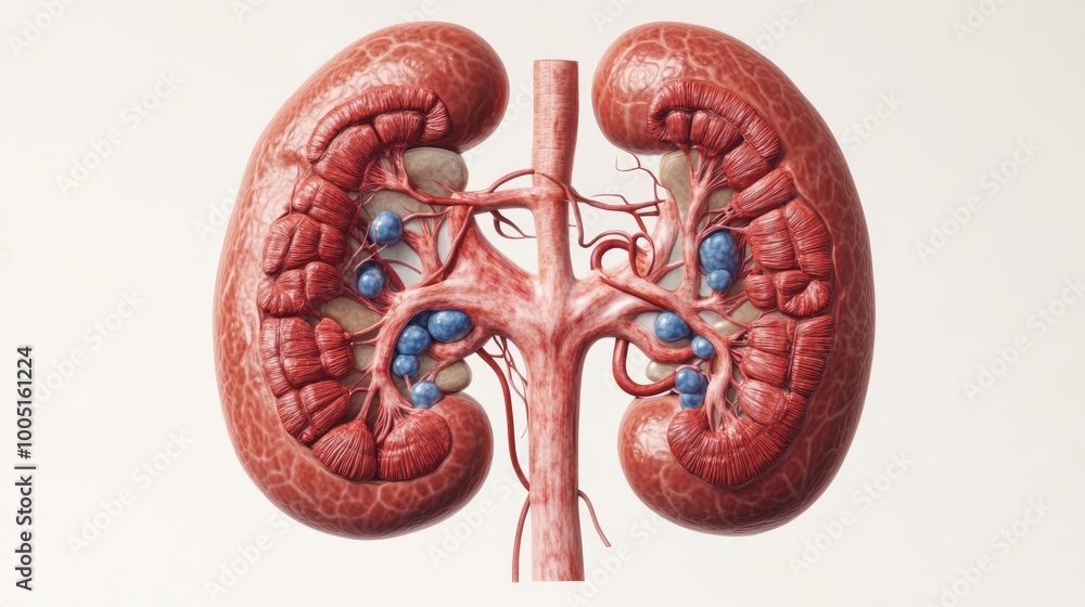 Detailed crosssectional illustration of the human kidneys showing ...