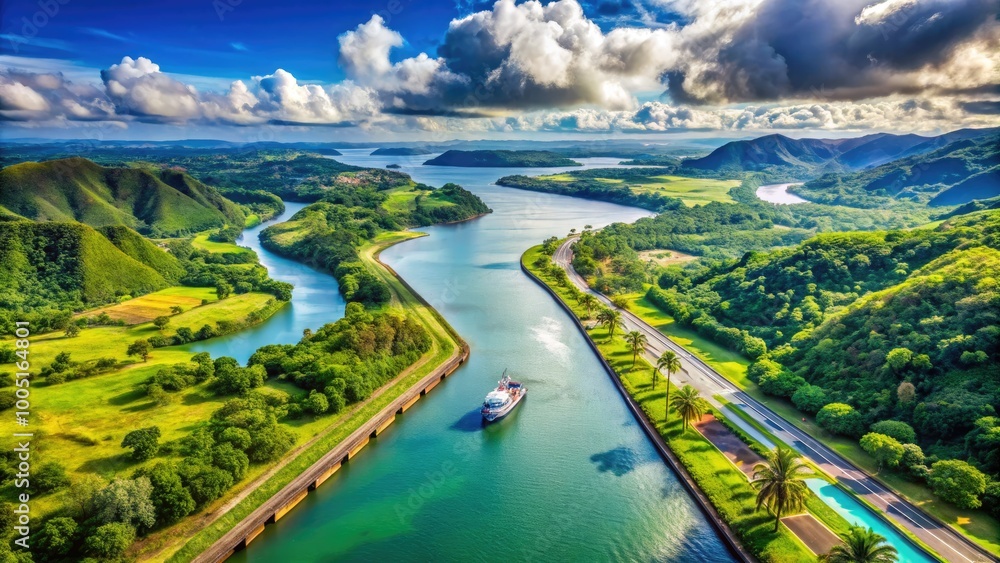 Vibrant illustration of the Panama Canal's winding waterway, showcasing ...