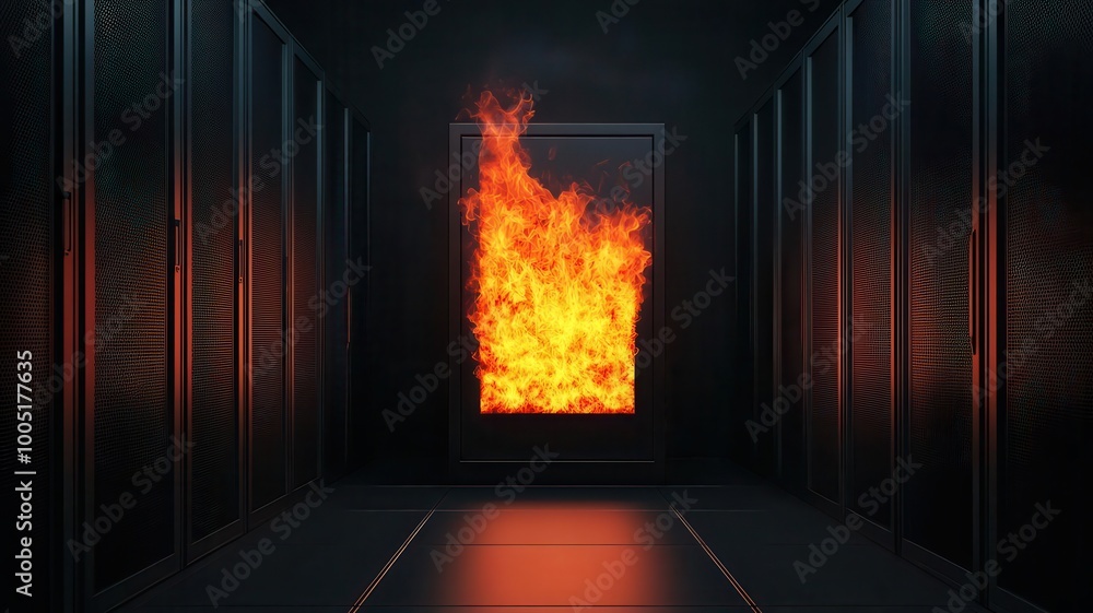 Glowing firewall ablaze in a digital environment, symbolizing a ...