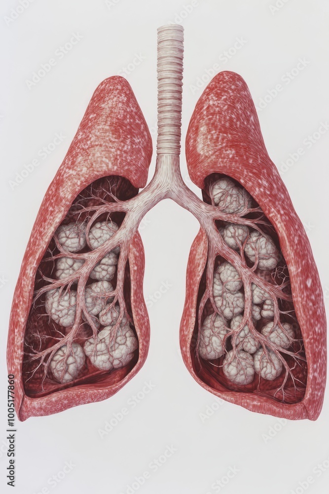 Detailed digital illustration of human lungs in a cutaway view showing ...