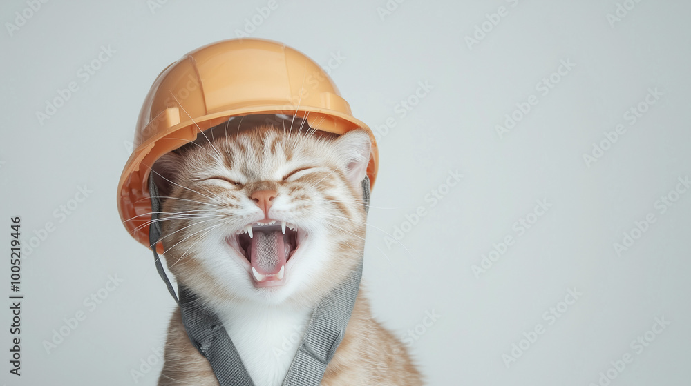 Construction Kitty: A tabby kitten wearing a hard hat, with an adorable, wide-open mouth ...