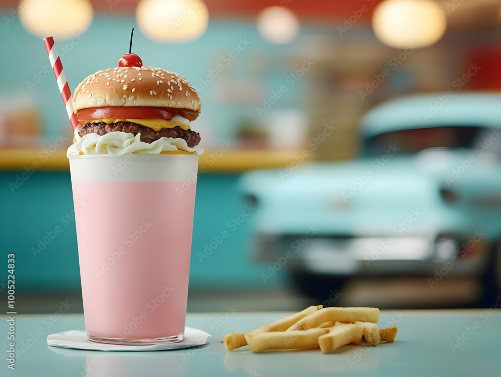 Delicious burger shake with fries, retro diner setting, vibrant colors ...