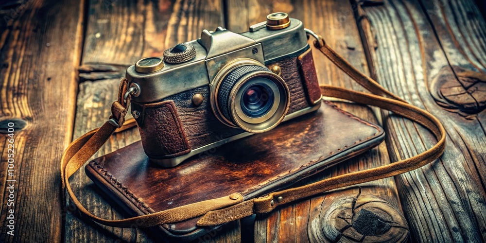 Vintage Analog Film Camera with Brass Accents, Leather Strap, and Faded ...