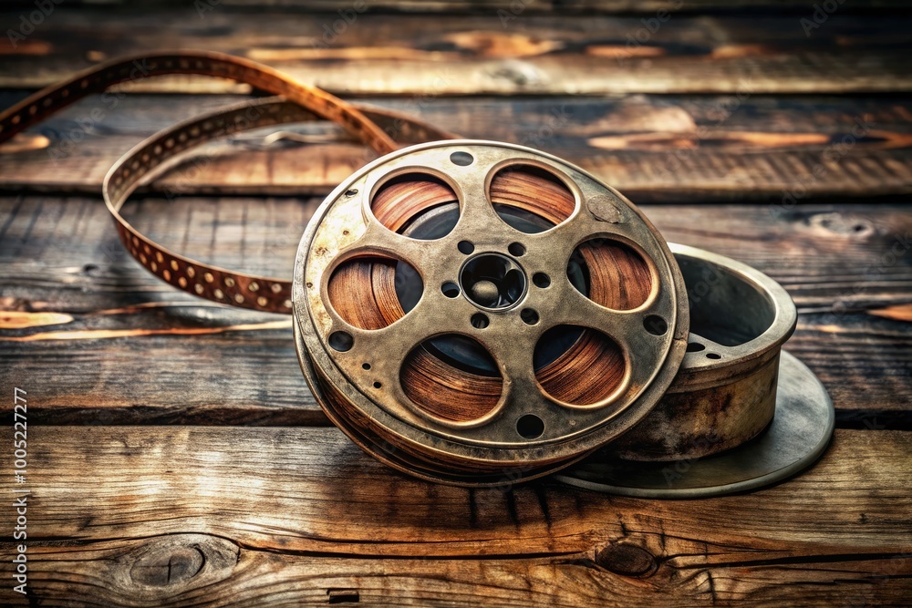 Vintage film reel with worn brown label, rusted metal edges, and curled ...