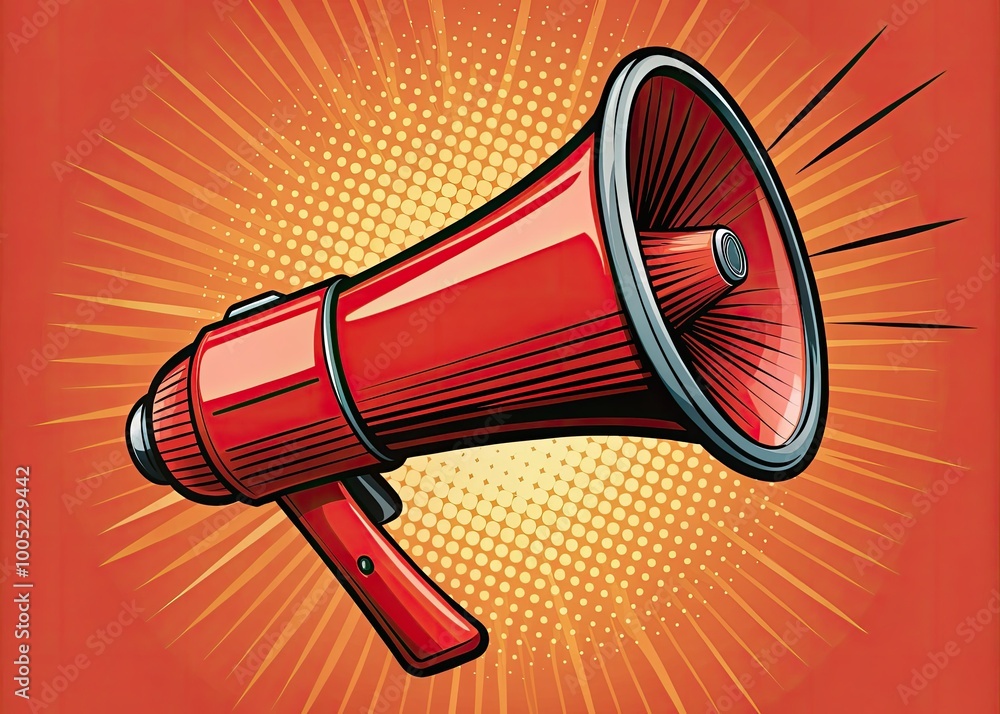 Vintage-style illustration of a bright red megaphone with bold black ...