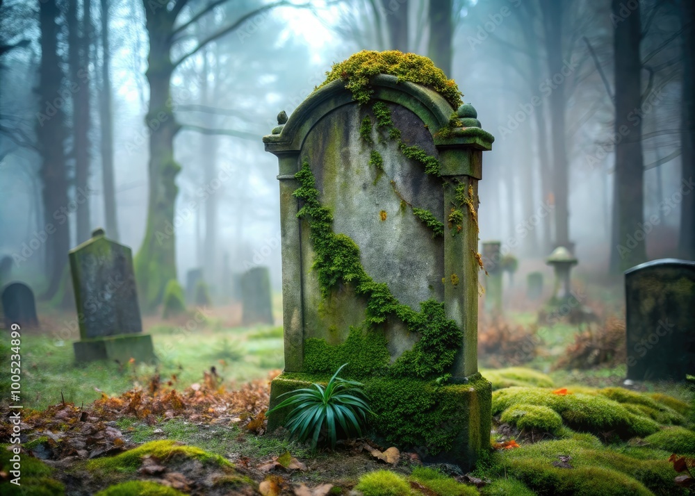 Weathered, moss-covered, blank tombstone stands isolated in a misty, overgrown cemetery, evoking ...