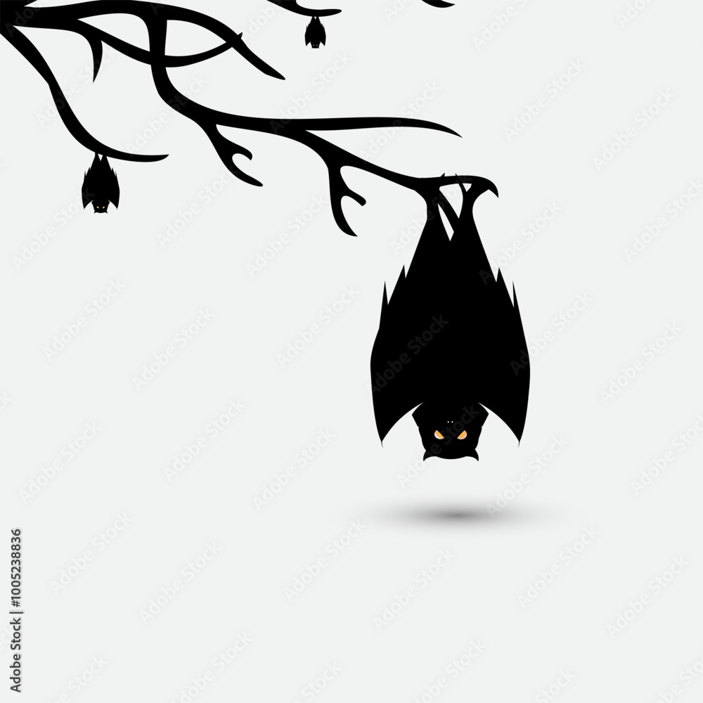 Hanging bat design with a tree branch. Black color hanging bat design ...