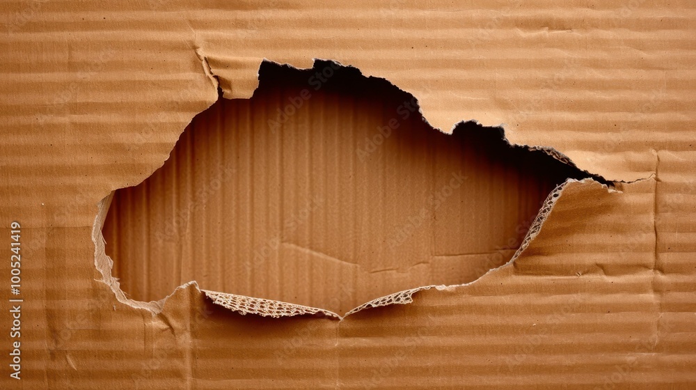 Blank torn kraft carton with ripped hole for text. Top view of brown ...