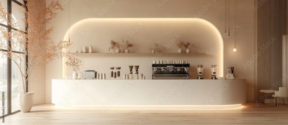 Minimalist coffee shop interior with a white counter, wooden floor, and ...