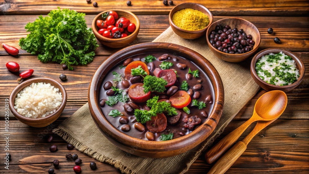 Traditional Brazilian feijoada dish on rustic wooden table, Brazilian ...