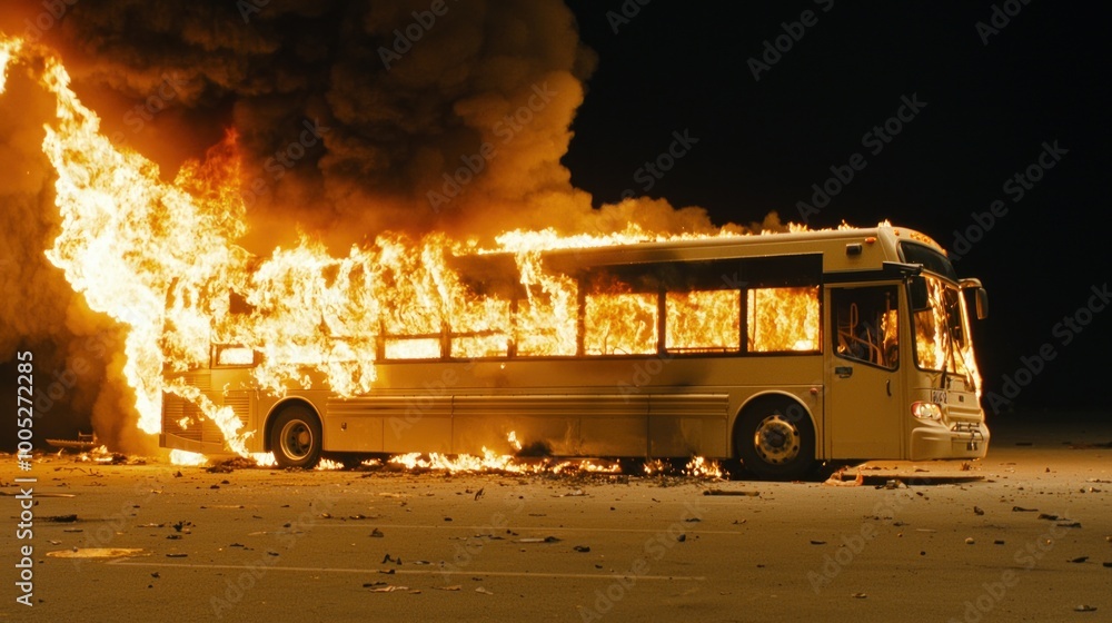 Engulfed in Flames: A Nightmarish Bus Fire Illuminating the Desolation ...