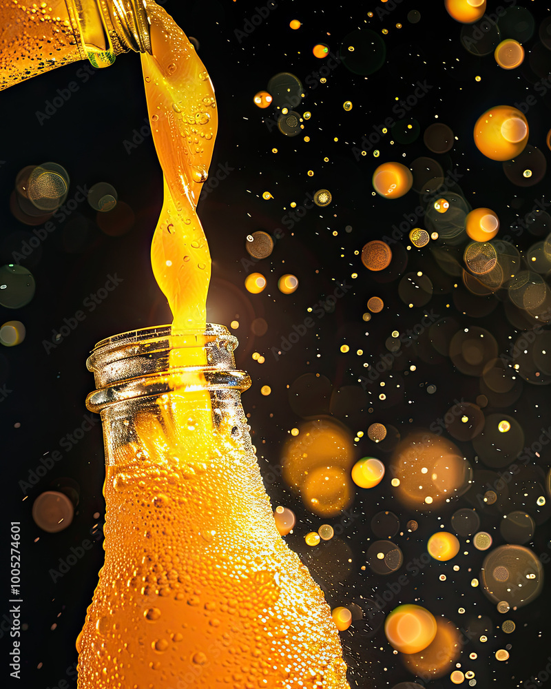 Bright orange juice flow; pulpy liquid, warm glow, highlighted under ...