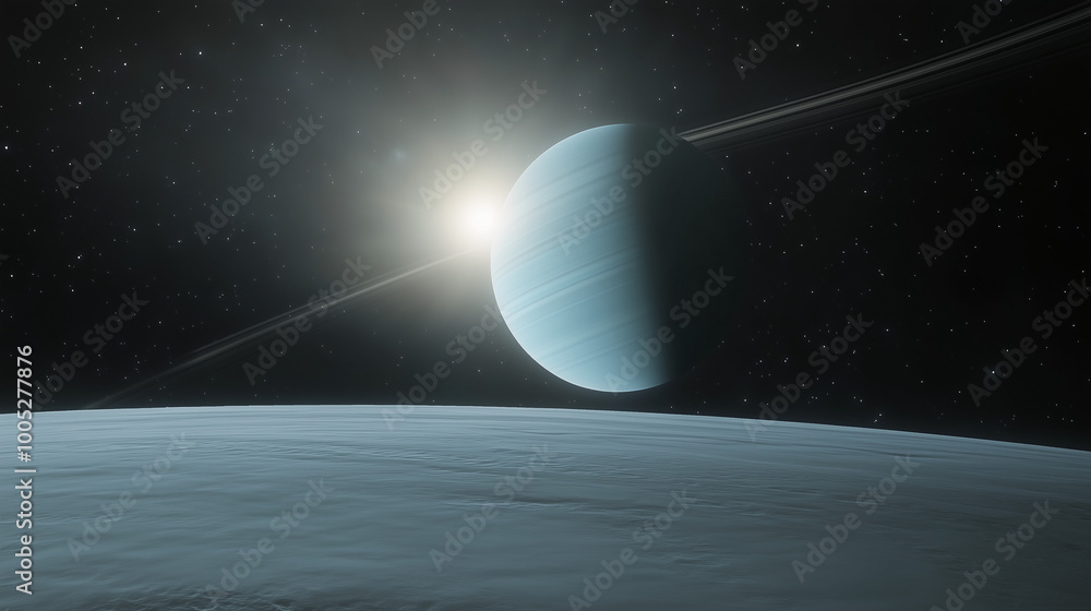 Uranus with a soft blue-green hue, thin rings surrounding the planet ...