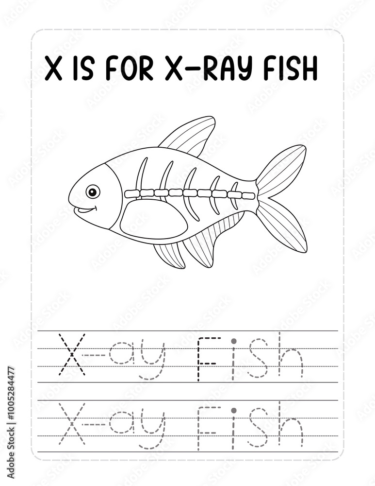 A simple coloring book page of an X-ray fish with the text "X-ray ...