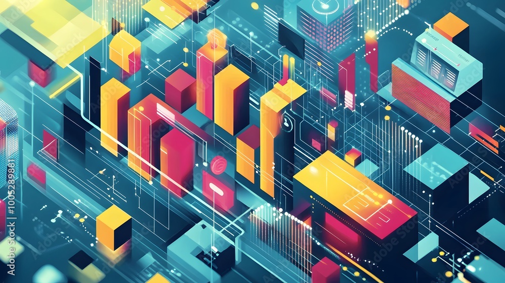 Vector graphics of a complex data chart in an isometric perspective ...
