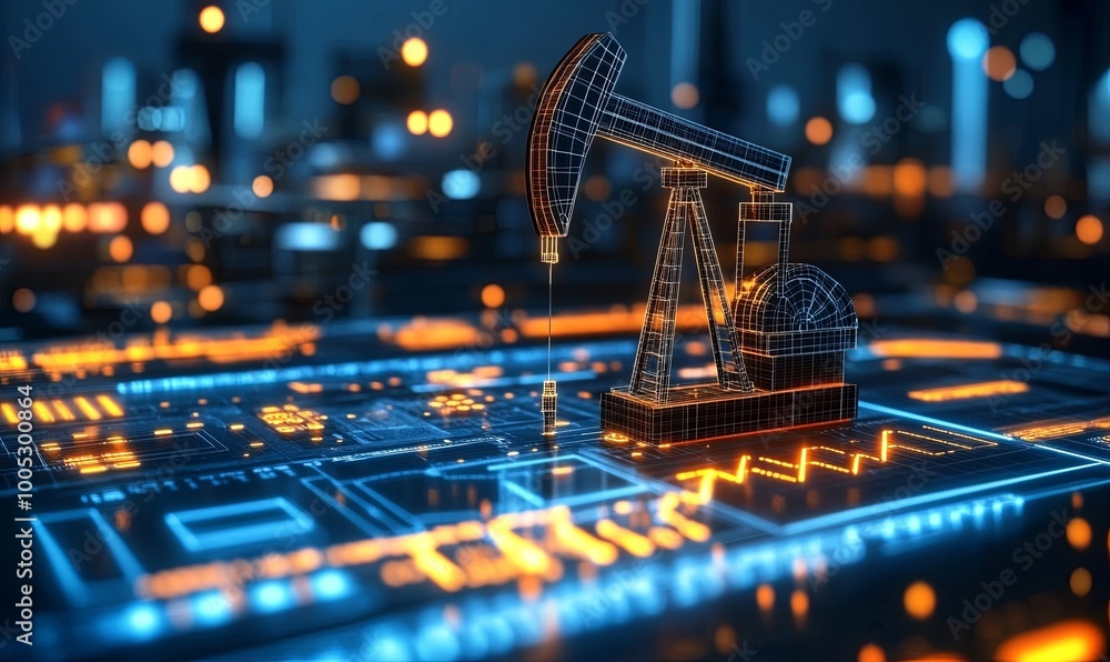 A wireframe model of an oil rig is displayed against a futuristic city ...