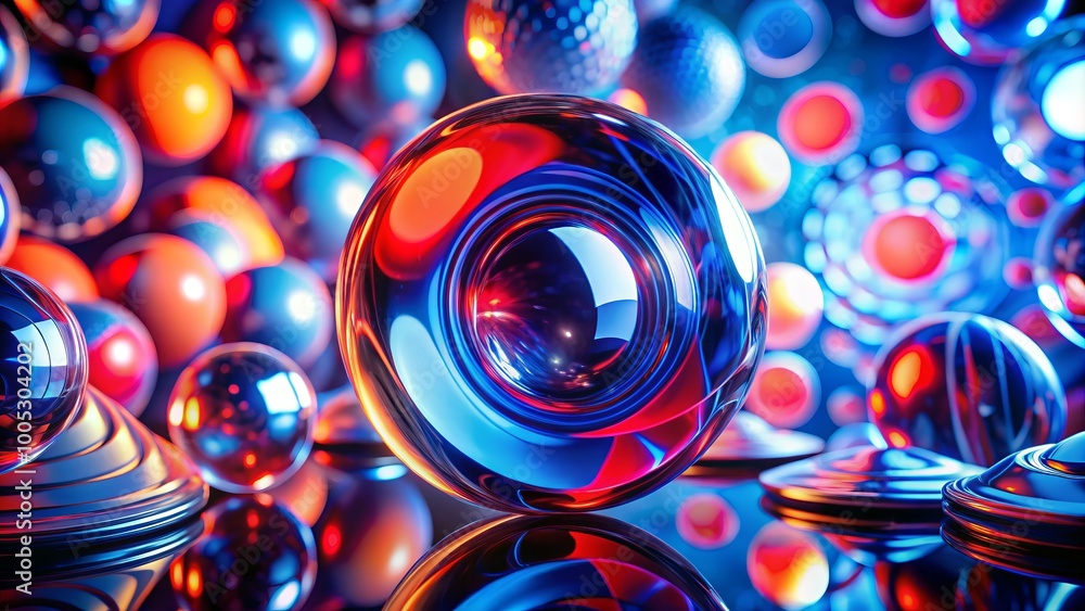 Bright red and blue orbs rotate and sparkle while flowing through a ...