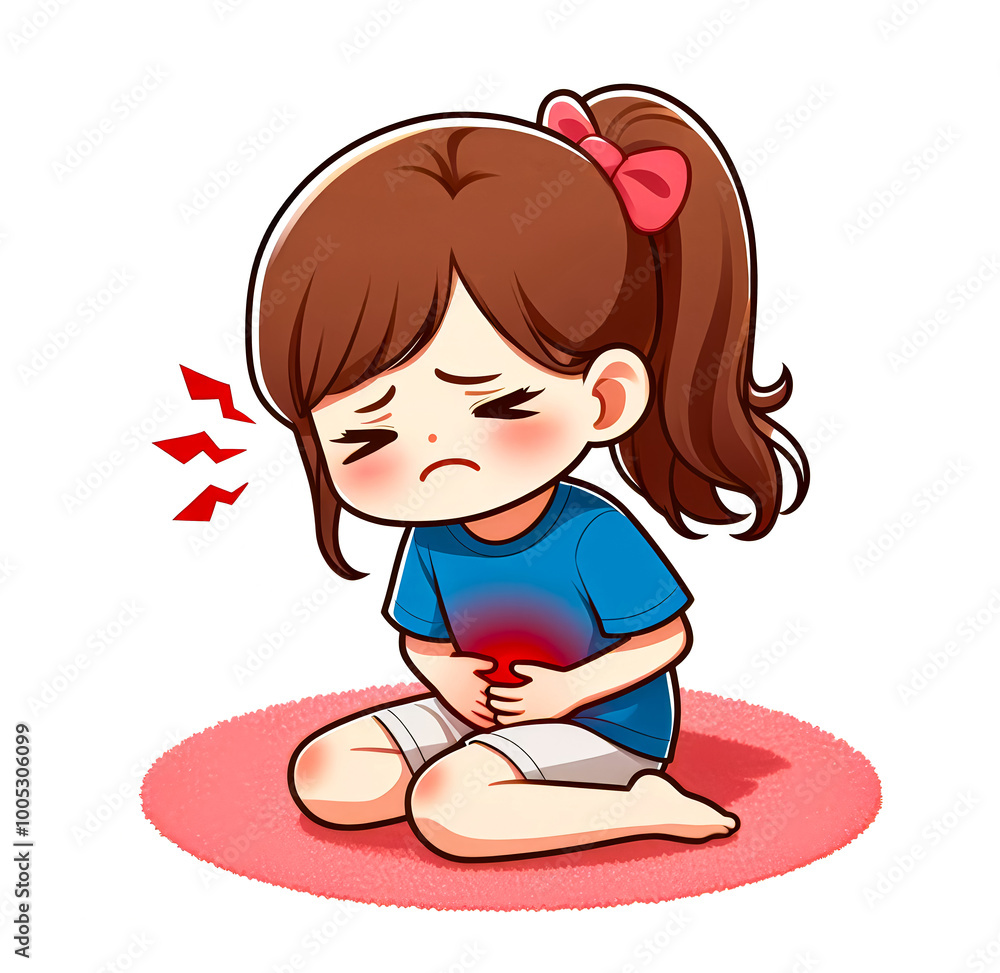 Isolated vector illustration of a young girl having stomach pain from ...