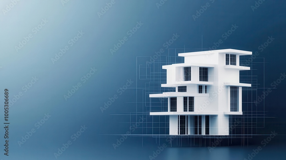 Detailed wireframe of a building model, floating in a digital space ...