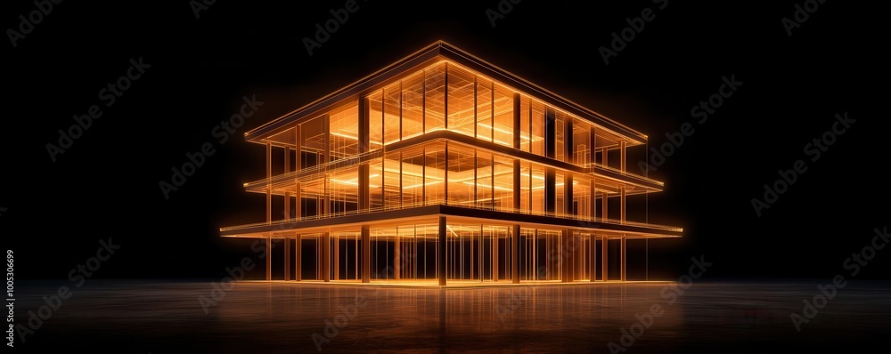 Wireframe office building in 3D, with floor plans and structural ...