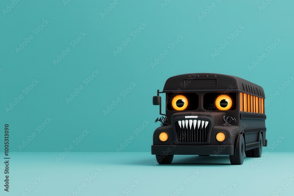 Cartoon-style spooky black school bus with large eyes on a turquoise ...
