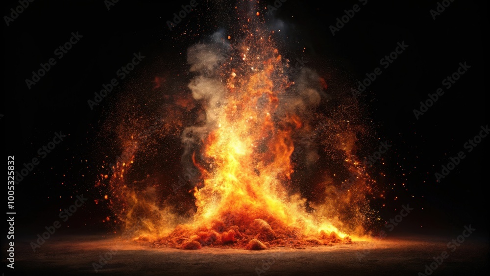 Dark and surreal image of ember fire dust rising on black background ...