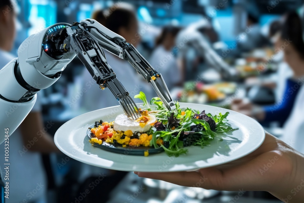 A futuristic food lab serving a balanced meal, where robotic arms ...