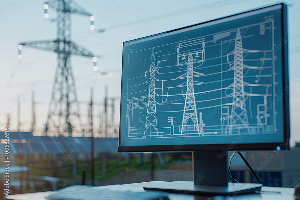 industrial energy supply on a monitor displaying blueprints of ...