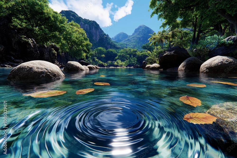 A hyper-realistic view of a wilderness river, where every ripple, rock ...